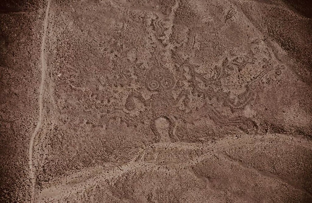 Ancient Paracas ground geoglyph as seen from above in an airplane ...